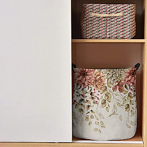 Laundry Basket, Fall Thanksgiving Red Sage Green Dahlia and Rose Flower Eucalyptus Leaf Beige Waterproof Collapsible Clothes Hamper Large Storage Bag for Bedroom Bathroom,16.5x17In