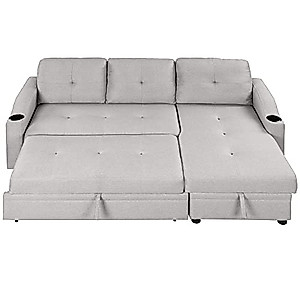 UBGO Modular, L-Shaped Living Room Furniture Sets,Pull Modern Padded Upholstered Sofa Bed, Linen Fabric 3 Seater Storage Chaise and Cup Holder, Couch for Small Spaces,Gray