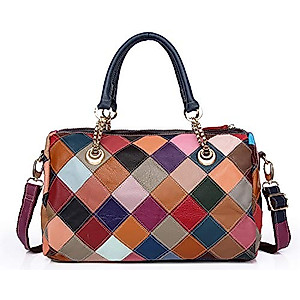 Segater® Women’s Multicolor Floral Boston Bag Genuine Leather Hobo Purses Colorful 3D Splicing Shoulder Bag Ladies Crossbody Bags