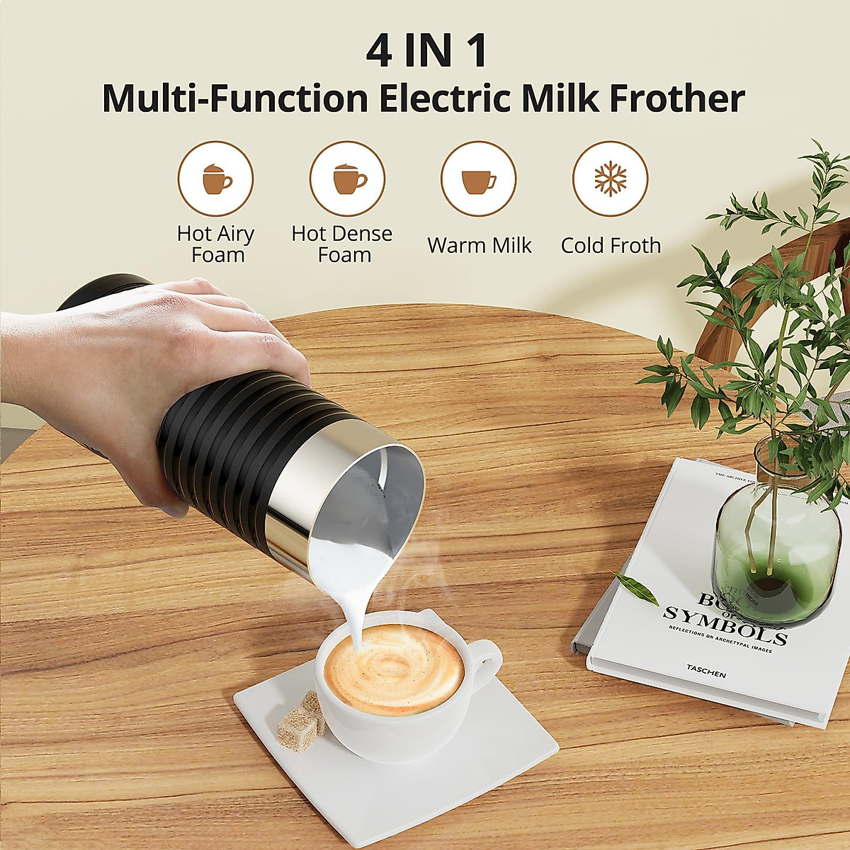 Milk Frother, 4-in-1 Milk Frother and Steamer, Non-Slip Stylish Design, Hot & Cold Milk Steamer with Temperature Control, Auto Shut-Off Frother for Coffee, Latte, Cappuccino, Macchiato (Black)