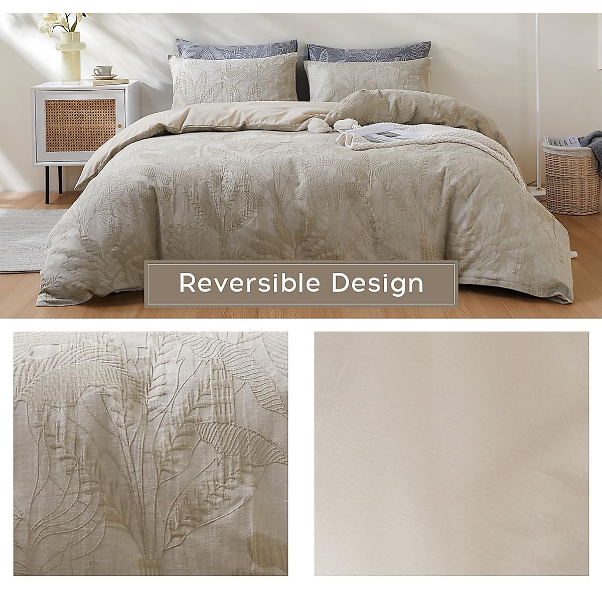 TUMEI Duvet Cover King, Jaguard Floral Duvet Cover King Size, Linen Cotton Blend Floral Leaf Patten Duvet Cover Set with Zipper and 2 Pillowcases, Soft and Breathable Khaki Bedding Set (No Comforter)