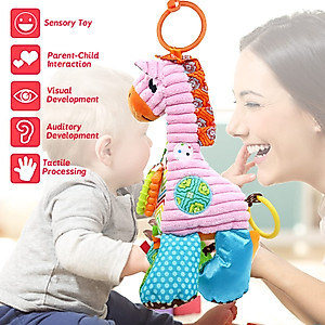 JERICETOY Car Seat Toy Baby Toy Infant Toy with Musical Box Stroller Toy Crib Toy Development Toy with Rattles Crinkle Teether Magic Mirror, Stroller Clip-On Carseat Cot Crib Bed Hanging Toy - Giraffe