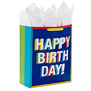 Hallmark 15" Extra Large Birthday Gift Bag with Tissue Paper ("Happy Birthday," Red, Blue, Yellow, Green) for Kids, Teachers, Coworkers, Friends