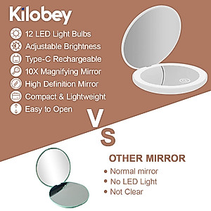 Kilobey Compact Mirror with Light, LED Lighted Travel Makeup Mirror 1x/10x Magnifying Mirror Rechargeable Portable Pocket Mirror 3.5in Double Sided Folding Round Mirror for Handbag, Purse