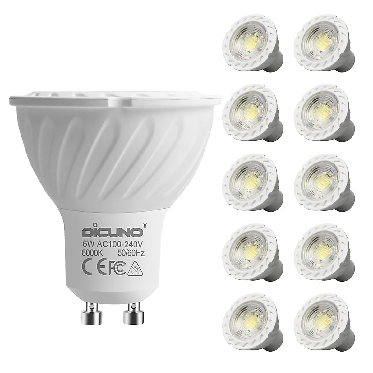 DiCUNO GU10 LED Light Bulb, 60W Halogen Bulbs Equivalent, 6W 600LM, 6000K Daylight White,100V-240V Non-dimmable GU10 Mr16 LED Bulbs, 10-Pack.