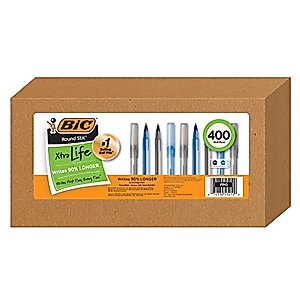 BIC Pens Large Bulk Pack of 400 Ink Pens, Bic Round Stic Xtra Life Ballpoint Pens Medium Point 1.0 Mm, 200 Black Pens & 200 Blue Pens In Box Combo Pack
