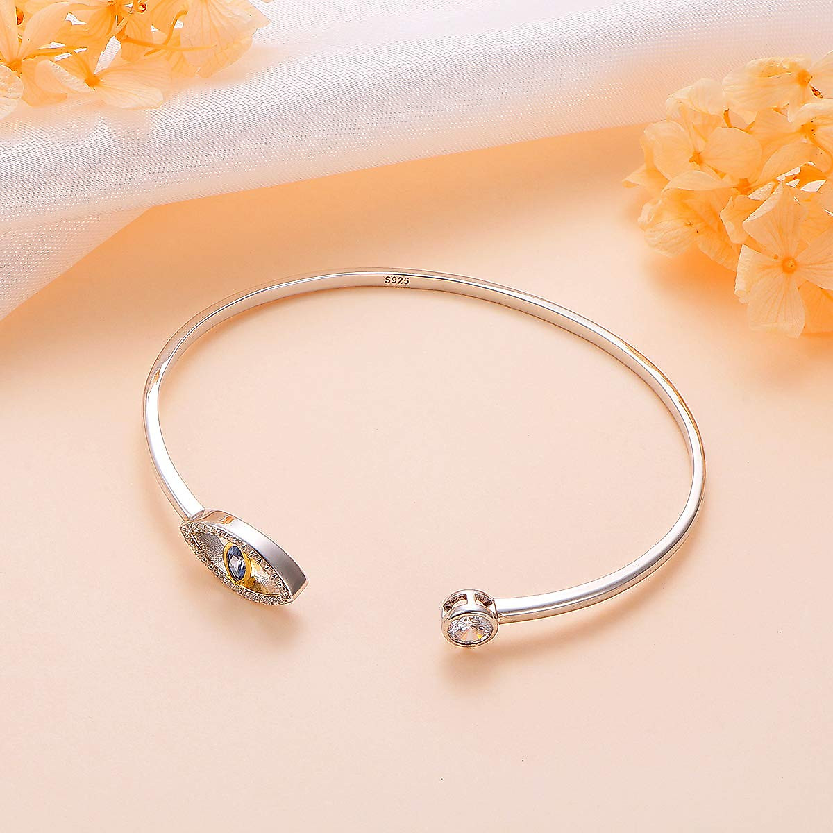 DAOCHONG Symbolic Evil Eye Bracelet 925 Sterling Silver Double End Cuff Evil Eye Bangle Bracelet for Women Protection Jewelry Christmas Gift