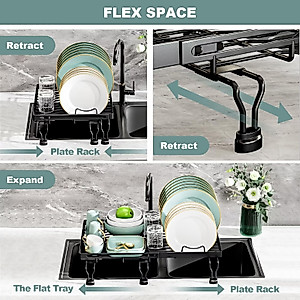 MOUKABAL Expandable Dish Drying Rack-Over Sink&Dish Drainer Holder for Kitchen Counter,Space-Saving Kitchen Organizer with Large Capacity,Matte Black, Stainless Steel