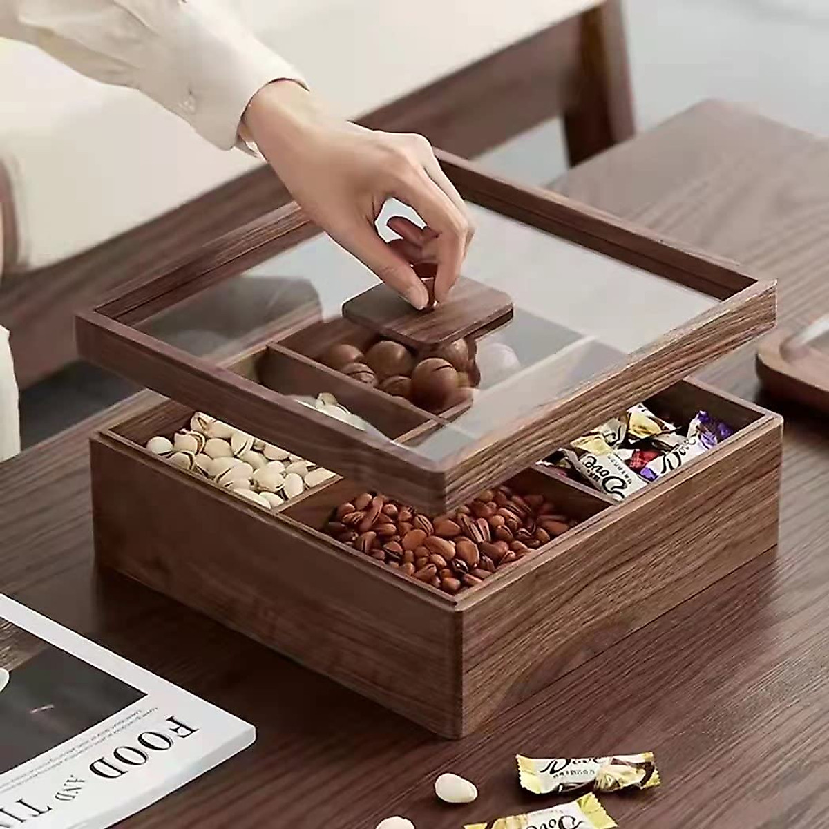 Show Box Solid Black Walnut Wood Snack Storage Container Collectable Box Case for Candy and Nuts with Glass Lid Cover Top, 4 Compartments S