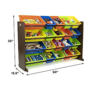 Humble Crew Kids Toy Storage Organizer, Dark Walnut/Neon Multi & Natural Wood/Primary Kids Book Rack Storage Bookshelf, 4 Tiers, Toddler