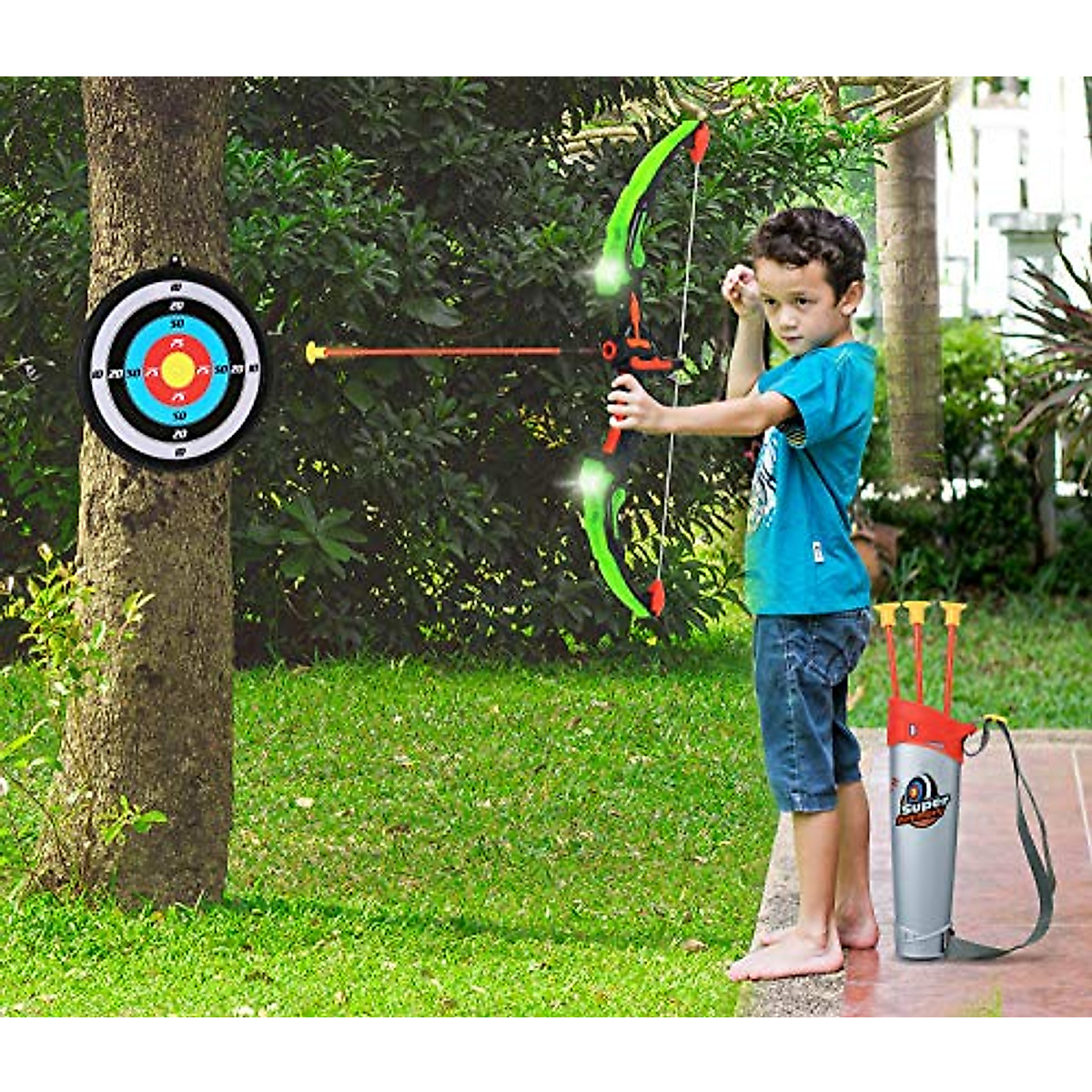 Click N' Play Bow & Arrow Archery Set for Kids, Toy Bow & Arrow That Lights Up for Outdoor Play with 3 Suction Cup Arrows, Target & Quiver, Practice Archery Set for Children Ages 4 & Up