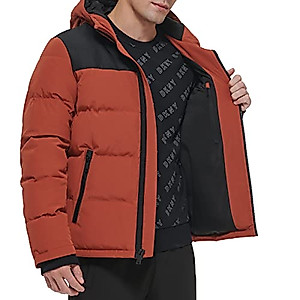 DKNY Men's Shawn Quilted Mixed Media Hooded Puffer Jacket, Arabian Spice, Medium