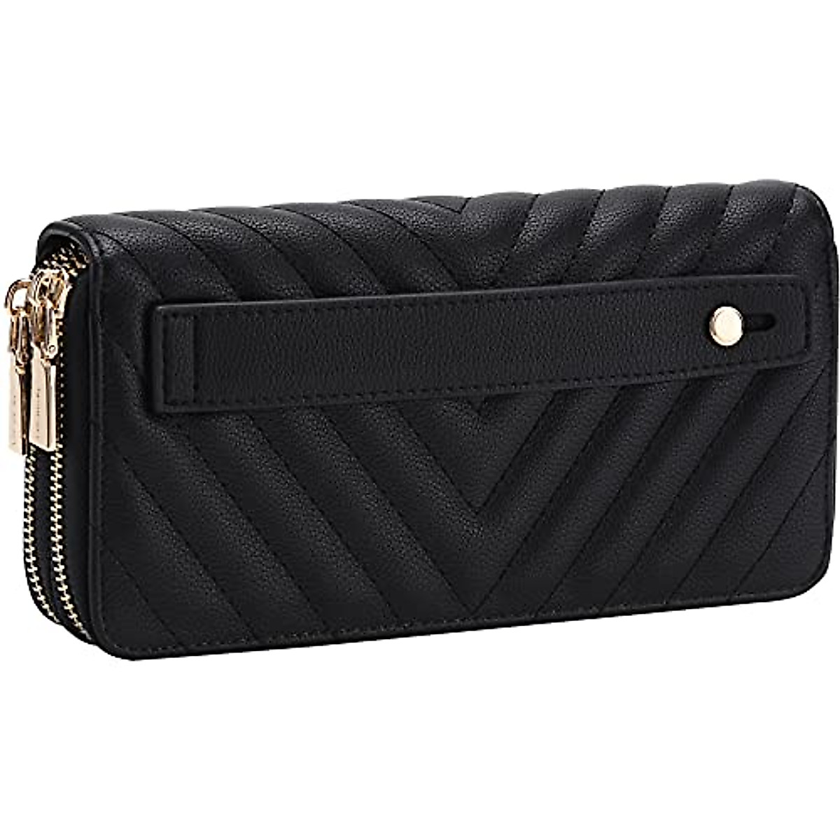 B BRENTANO Vegan Leather Double Zipper Pocket Wallet with Grip Hand Strap (Chevron Embroidered Black)