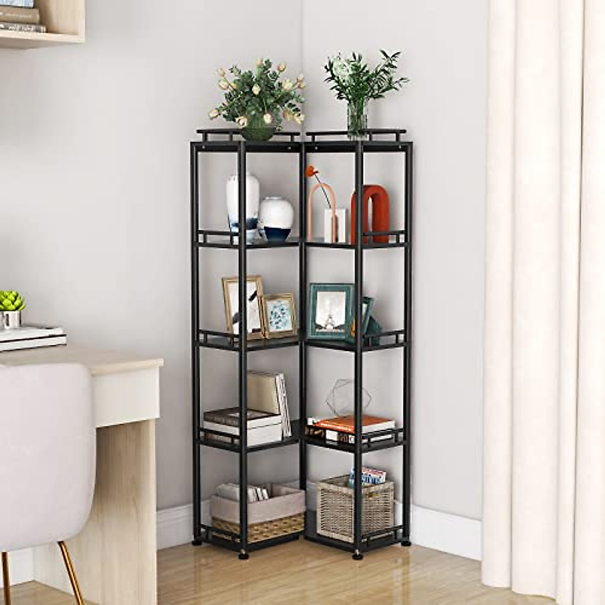 FLE 5 Tier Corner Shelf,Modern Corner Bookshelf Industrial Corner Ladder Shelf Small Bookcase Plant Stand for Living Room, Kitchen, Home Office (Black)