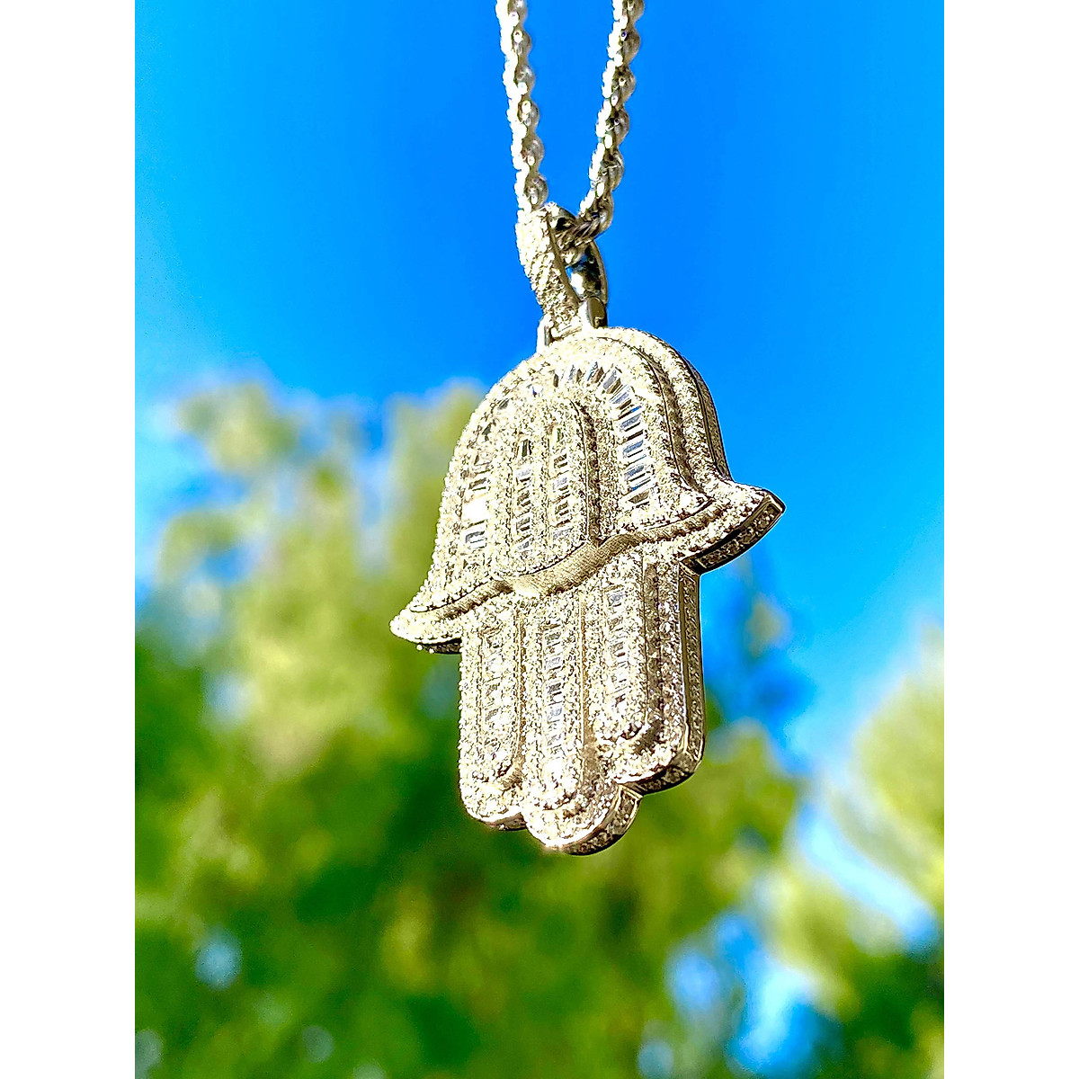 Shop-iGold Men's Hamsa Evil Eye Protector Men Women 925 Italy White Gold Finish Iced Silver Charm Pendant Stainless Steel Real 3 mm Rope Chain, Mans Jewelry, Iced Pendant, Rope Necklace 16"- 24" (24)