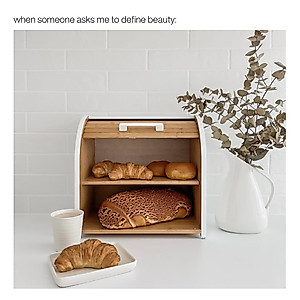 Homefully Co Bamboo Bread Box for Kitchen Countertop, Double Layer Extra Large Bread Box, Roll Top Bread Box White for Kitchen Storage and Decor Farmhouse and Modern 2 Layer Wooden Bread Bin