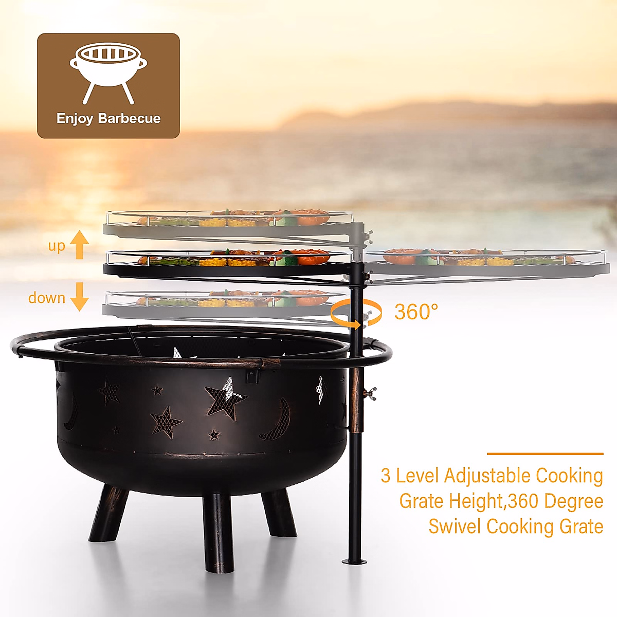 Wood Burning Fire Pit with Grill for Outside 30 Inch Outdoor Firepit with Cooking Grate Large Round Fire Pit Bowl with Poker & Spark Screen for Patio Lawn Backyard BBQ,Star & Moon Cutouts Pattern