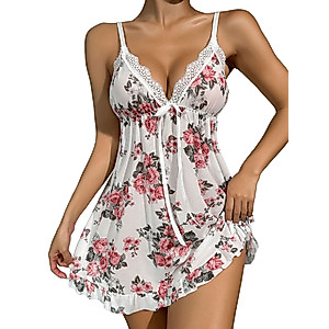 SweatyRocks Women's Sleepwear Sexy Babydoll Chemise Nightgown Lace Trim Floral Lingerie Dress White S