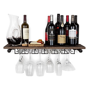 Rustic State Wall Mounted Reclaimed Wood Floating Wine Bottle Rack with Glassware Holder Stemware Shelf Storage Organizer - Home, Kitchen, Dining Room Bar Décor - Walnut