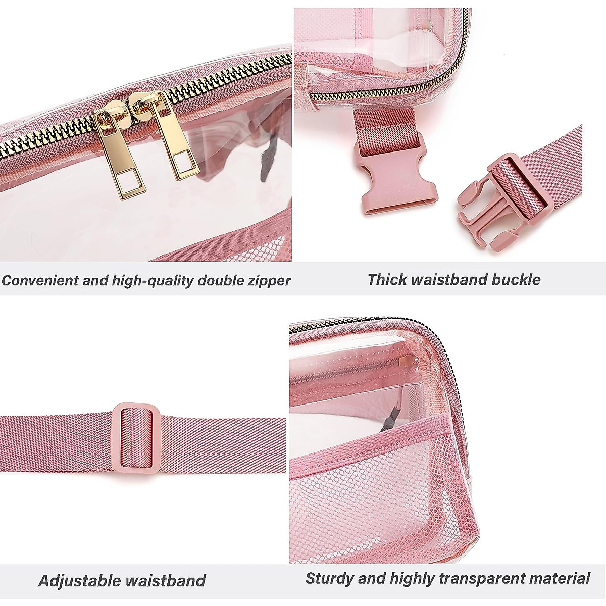 Stadium Approved Clear Water Proof Fanny Pack Waist Bag with Adjustable Strap, Festivals, Hiking, Concerts and Travel - Pink