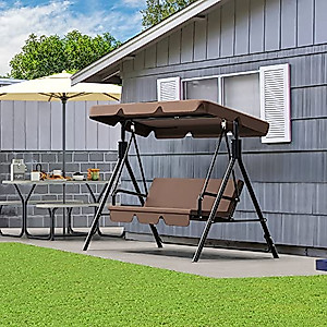 YITAHOME 3-Seat Porch Swing Outdoor Heavy Duty Patio Swing Chair with Stand Adjustable Canopy Soft Cushion for Garden, Patio, Lawn, Balcony and Deck, Brown