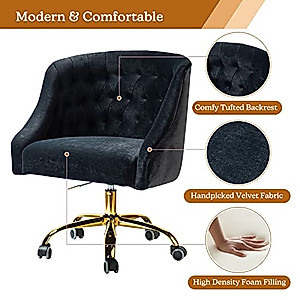Velvet Home Office Chair with Gold Base, Comfortable Modern Cute Desk Chair, Adjustable Swivel Task Chair for Living Room Bedroom Vanity Study, Black