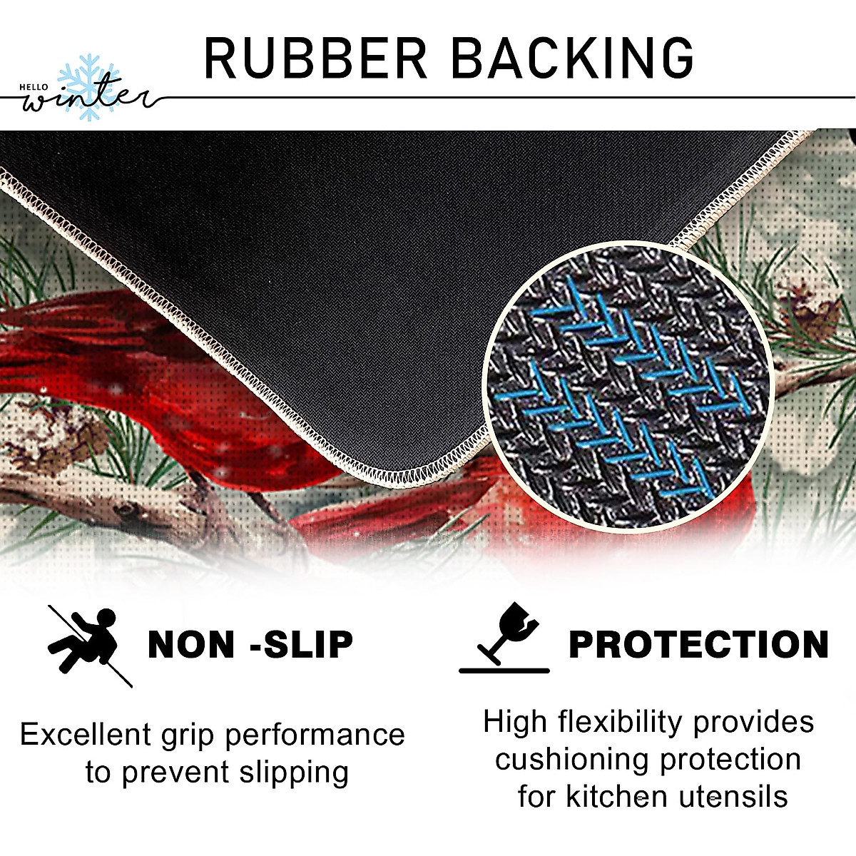 Tailus Hello Winter Cardinal Kitchen Rugs Set of 2, Red Bird Pine Tree Snow Buffalo Plaid Farmhouse Kitchen Mats Decor, Christmas Holiday Seasonal Floor Door Mat Home Decorations -17x29 and 17x47 Inch