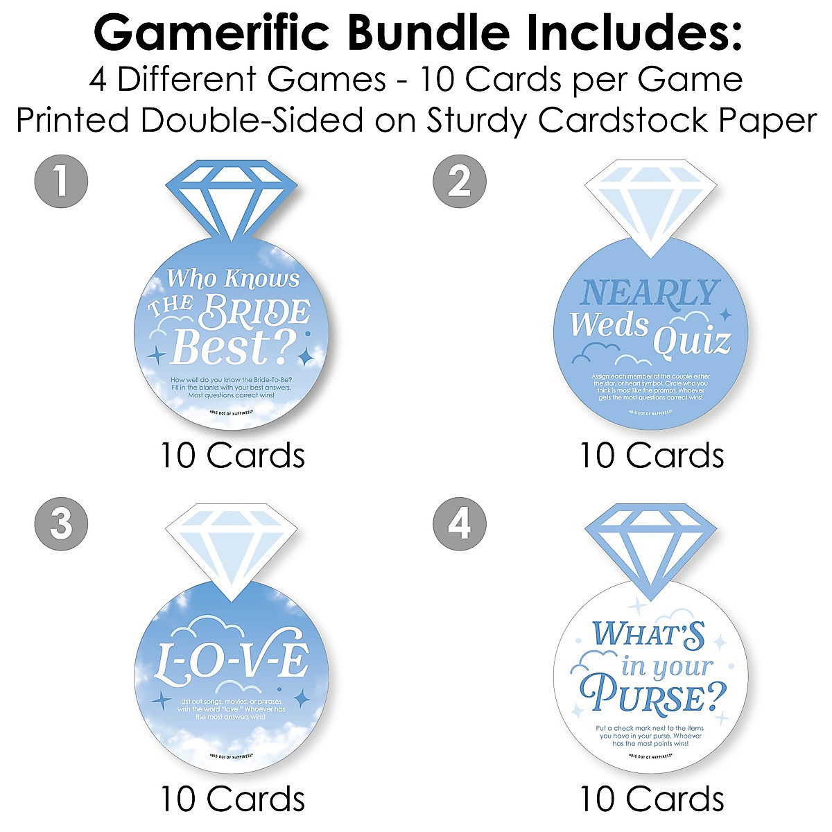 Big Dot of Happiness On Cloud 9-4 Bridal Shower Games - 10 Cards Each - Who Knows The Bride Best, Bride or Groom Quiz, Whats in Your Purse and Love - Gamerific Bundle