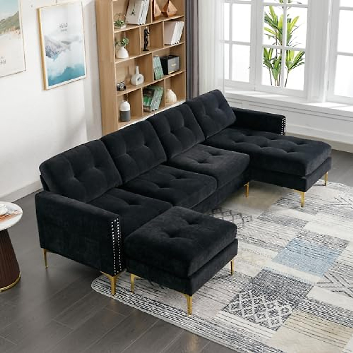 110" U-Shaped Sectional Sofa with Reversible Chaise and Movable Ottoman, 5-Seater Convertible Corner Couch with Side Pockets and Nail Head, Modern Comfy Sofa for Home Office Apartment (Black-021)