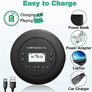 CD Player Portable, MONODEAL Bluetooth CD Player, Rechargeable Compact Small Walkman CD Player with Headphones for Car and Personal Use