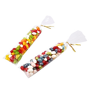 Wowfit 100 CT 2x10 Inch Clear Flat Cellophane Treat Bags with 4” Gold Twist Ties, Cello Packaging for Pretzel Rods, Cookies, Candies and Jewelry Wrappers