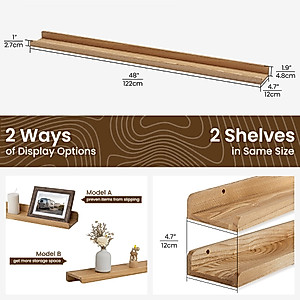 FLYJOE Picture Ledge Shelf 48 Inch | Solid Ash Wood Picture Shelf Set of 2 | 48 Inch Natural Wood Floating Shelves with Lip | Long Picture Shelf for Wall with Ledge | Photo Ledge Shelves - Natural