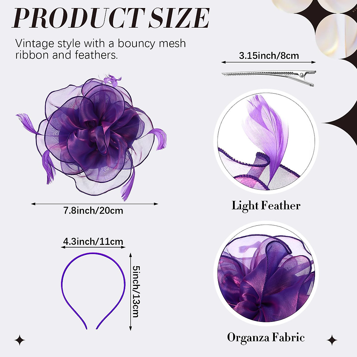 Yunsailing 8 Pack Women's Fascinators Hat Tea Party Wedding Derby Mesh Flower Feather Fascinator Hat with Headband and Clip(Multi Colors)