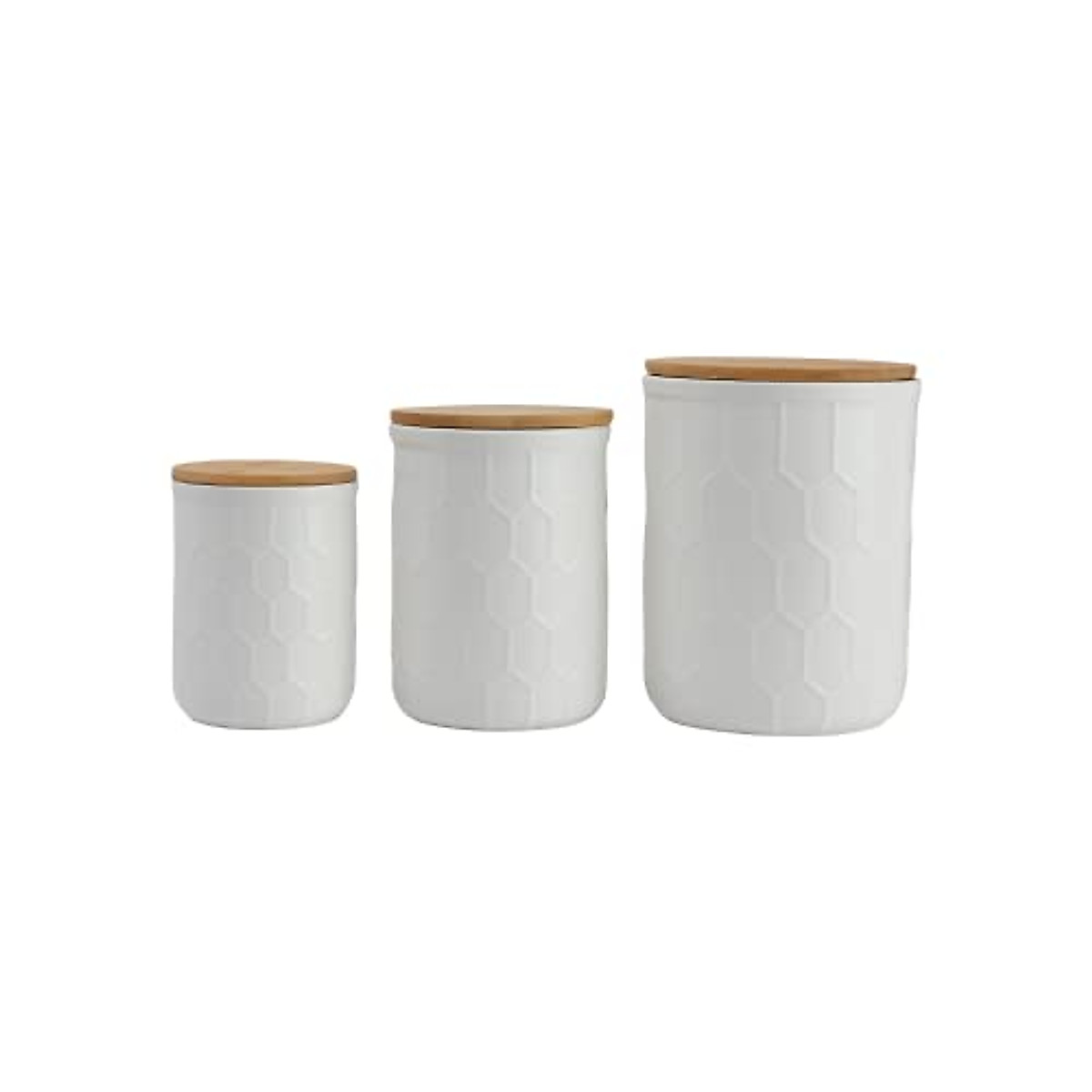 Bloomingville Farmhouse Stoneware Canisters with Honeycomb Design and Bamboo Lids, White and Natural, Set of 3 Sizes