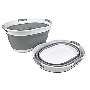 SAMMART 25L (6.6 gallon) Collapsible Plastic Laundry Basket - Foldable Pop Up Storage Container/Organizer - Portable Washing Tub - Space Saving Hamper/Basket (White/Grey (Set of 2))