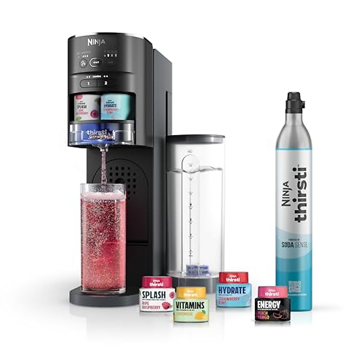 Ninja Thirsti Drink System, Soda Maker, Create Unique Sparkling & Still Drinks, Personalize Size & Flavor, Carbonated Water Machine, 60L CO2 Cylinder & Variety of Flavored Water Drops, Black WC1001