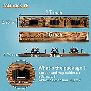 MG rack YF Mop and Broom Holder Wall Mount, Rustic Solid Wood Holder Garden and Kitchen Garage Tool Organizer Wall Hanger for Home Goods (3 Positions with 4 Hooks)