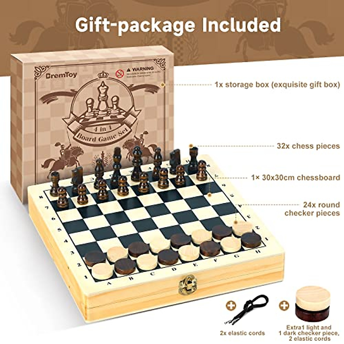 BremToy 4 in 1 Chess Sets-Wooden Chess & Checkers Set, Sling Puck and Nine Men's Morris Board Games for Kids Adult, Foldable & Portable Chess Board Set for Travel (12x12inch)
