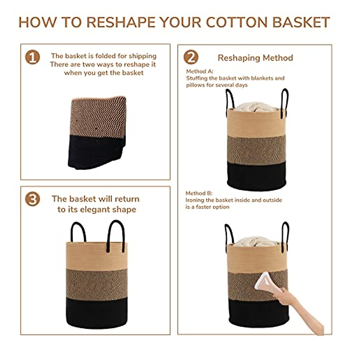 CHICVITA Woven Laundry Basket Large Dirty Clothes Hampers for Laundry Tall Wicker Jute Basket for Blankets, Toys in Living Room, Bathroom, Decorative Towel Storage Basket for Organizing, 58L, Black