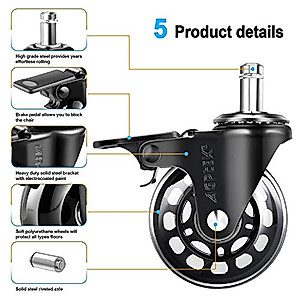 AGPtEK Office Chair Casters Heavy Duty with Screwdriver 2.5" Universal Fit, Safe Roller Wheel Replacement for Hardwood Floors Mat Carpet Tile Universal Fit - Set of 5 All with Brake System