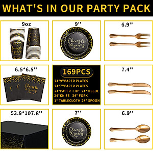 Sparkles Hub 50th Birthday Party Supplies Tableware Serves 24: 9" Paper Plates 7" Plate 9 Oz Cups Napkins Forks Knives Tablecloth 50th Birthday Black & Gold Dot Themed Disposable Dinnerware