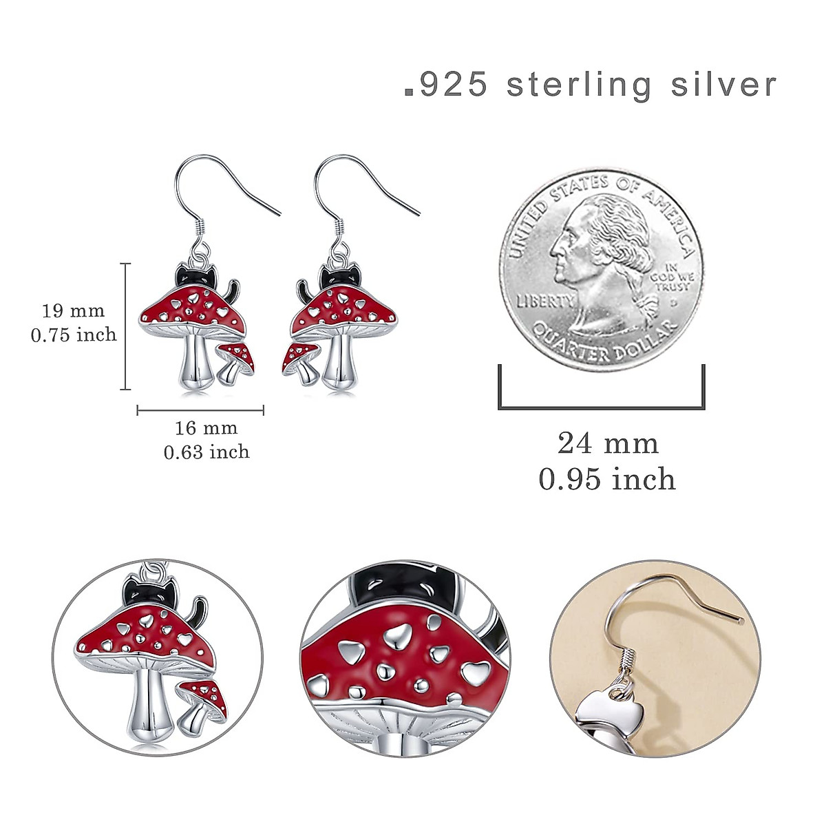 SVODEA Black Cat Earrings 925 Sterling Silver Mushroom Dangle Earrings,Cute Animal Drop Earrings Jewelry Gift for Women Mom Wife (Style-1-Mushroom)
