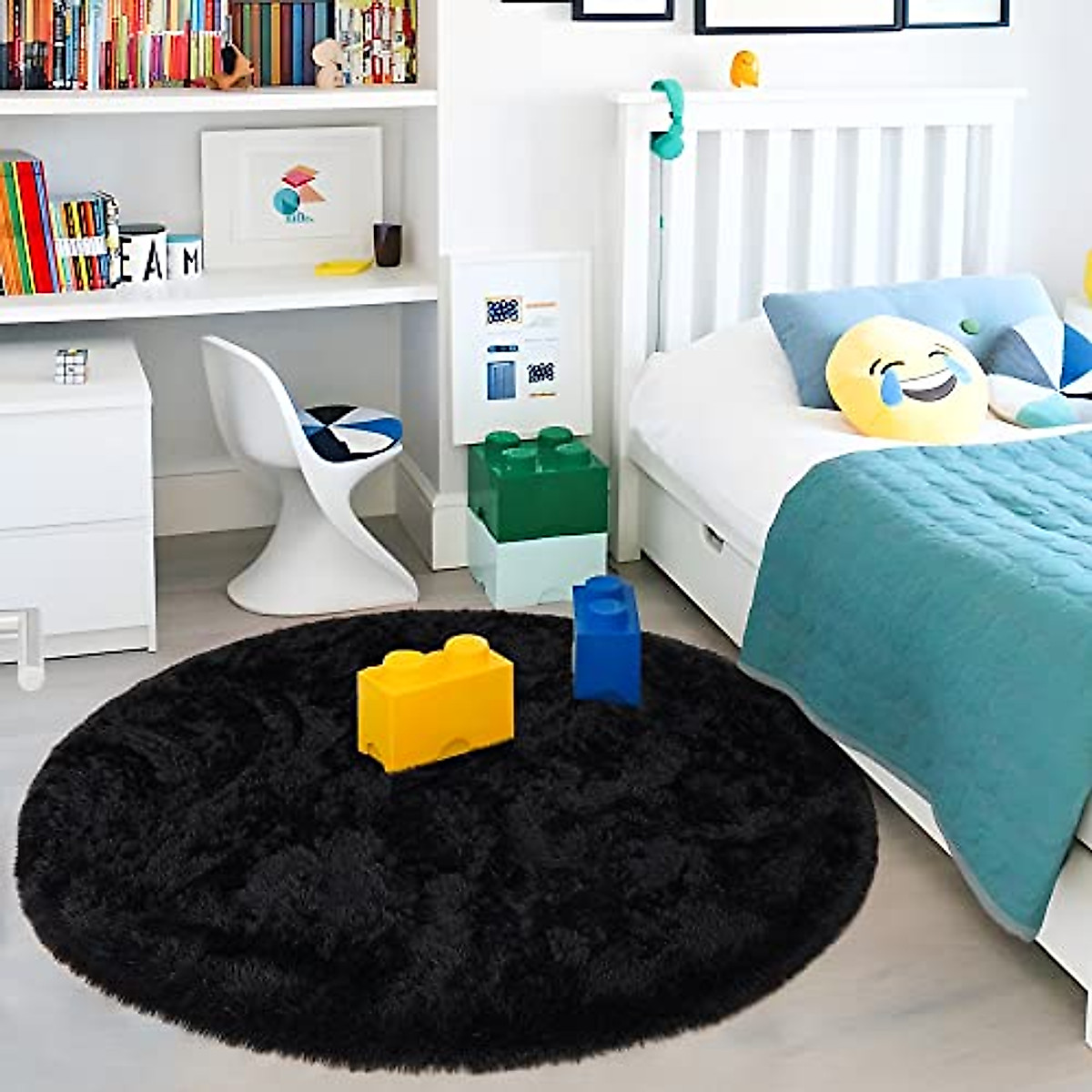 ISEAU Fluffy Round Rug Carpets, Modern Shaggy Circle Rug for Kids Bedroom Extra Comfy Cute Nursery Rug Small Circular Carpet for Boys Girls Room Home Decor Area Rug, 4ft Rugs, Black