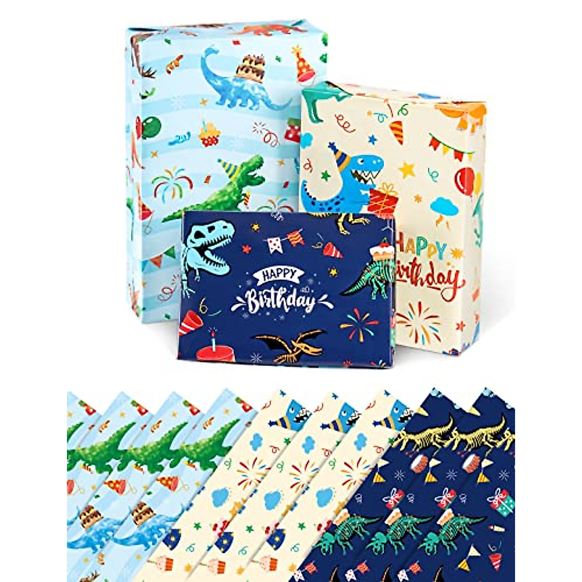 WERNNSAI Dinosaur Wrapping Paper - 10 Sheets Dinosaur Gift Wrapping Paper for Boys Girls 3 Styles Patterns Wrap Paper Rolls Happy Birthday Wrapping Paper Dino Party Favor Present (20’’ x 27’’/ Sheet)