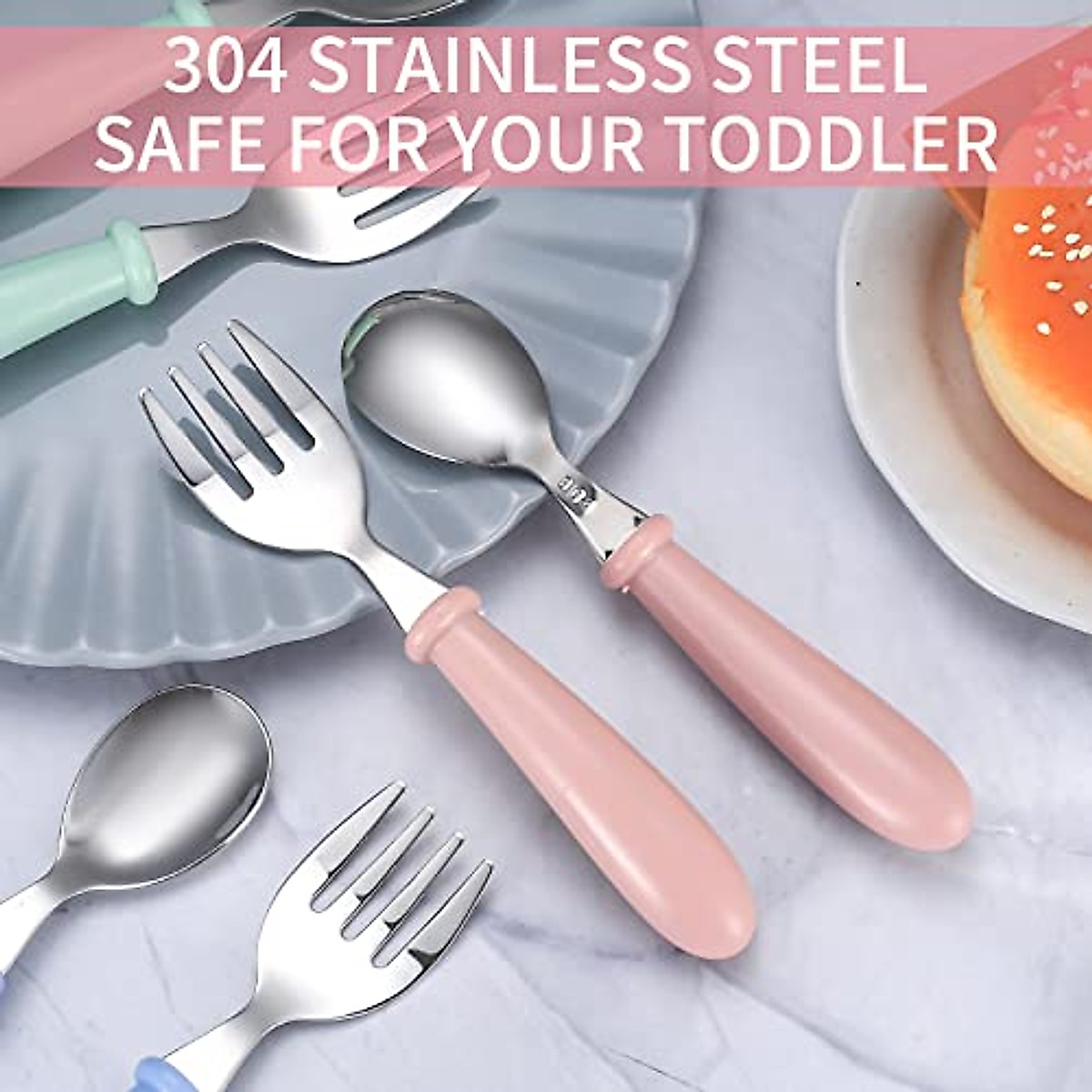 6 Pcs Toddler Utensils Set, Baby Silverware Set, Stainless Steel Toddler Forks and Spoons, Children Baby Spoons and Forks Cutlery Set with Round Handle, Dishwasher Safe