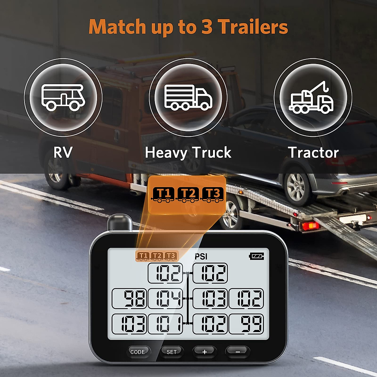 GUTA Trailer Tire Pressure Monitoring System, Trailer TPMS with 6 Sensors, 6 Alert Modes, Signal Booster, Power Saving Display, Long Sensing Distance, for 3 Trailers (T1/T2/T3), for RV, Trailer