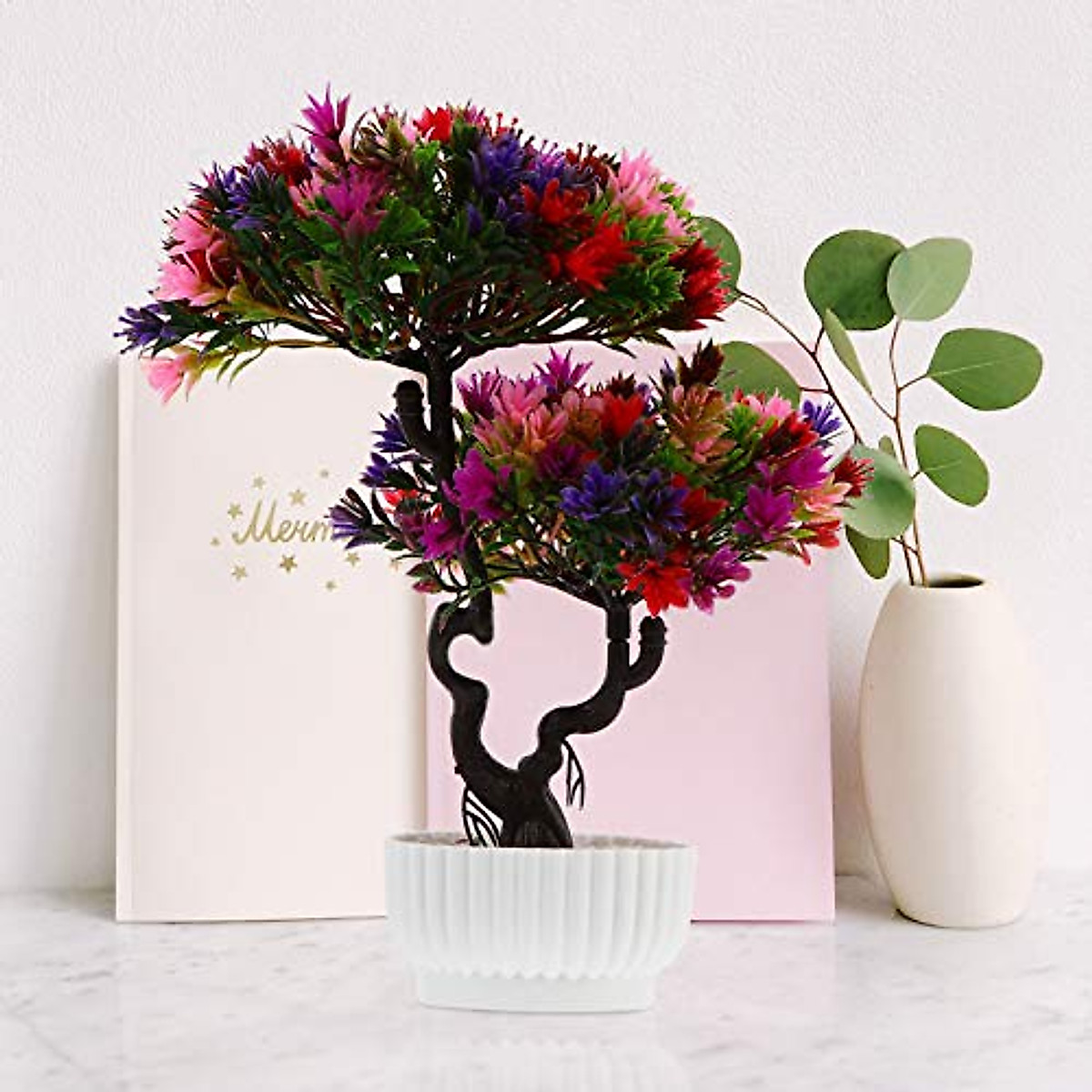 Happyyami Artificial Plants Indoor Artificial Bonsai Tree Fake Bonsai Juniper Tree Faux Potted Plant Bonsai Pine Tree Simulation Bonsai Plants for Greenery Office Home Decor Small Artificial Plants