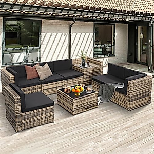 KROFEM 8 Pieces Outdoor Wicker Rattan Patio Furniture Sectional Set, Glass Top Table with Hidden Storage, 7 Sofa Sections, Oversized Cushions, Natural Color Rattan with Black Cushion