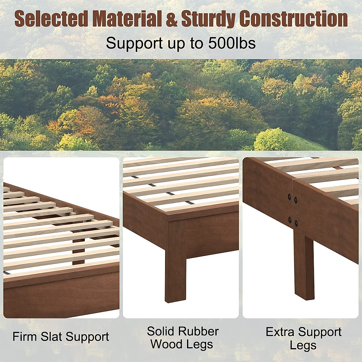 KOMFOTT Twin Size Wood Platform Bed Frame with Headboard, Wooden Mid Century Platform Bed with Slat Support & Under Bed Storage, Mattress Foundation Bed Base, No Box Spring Needed, Walnut