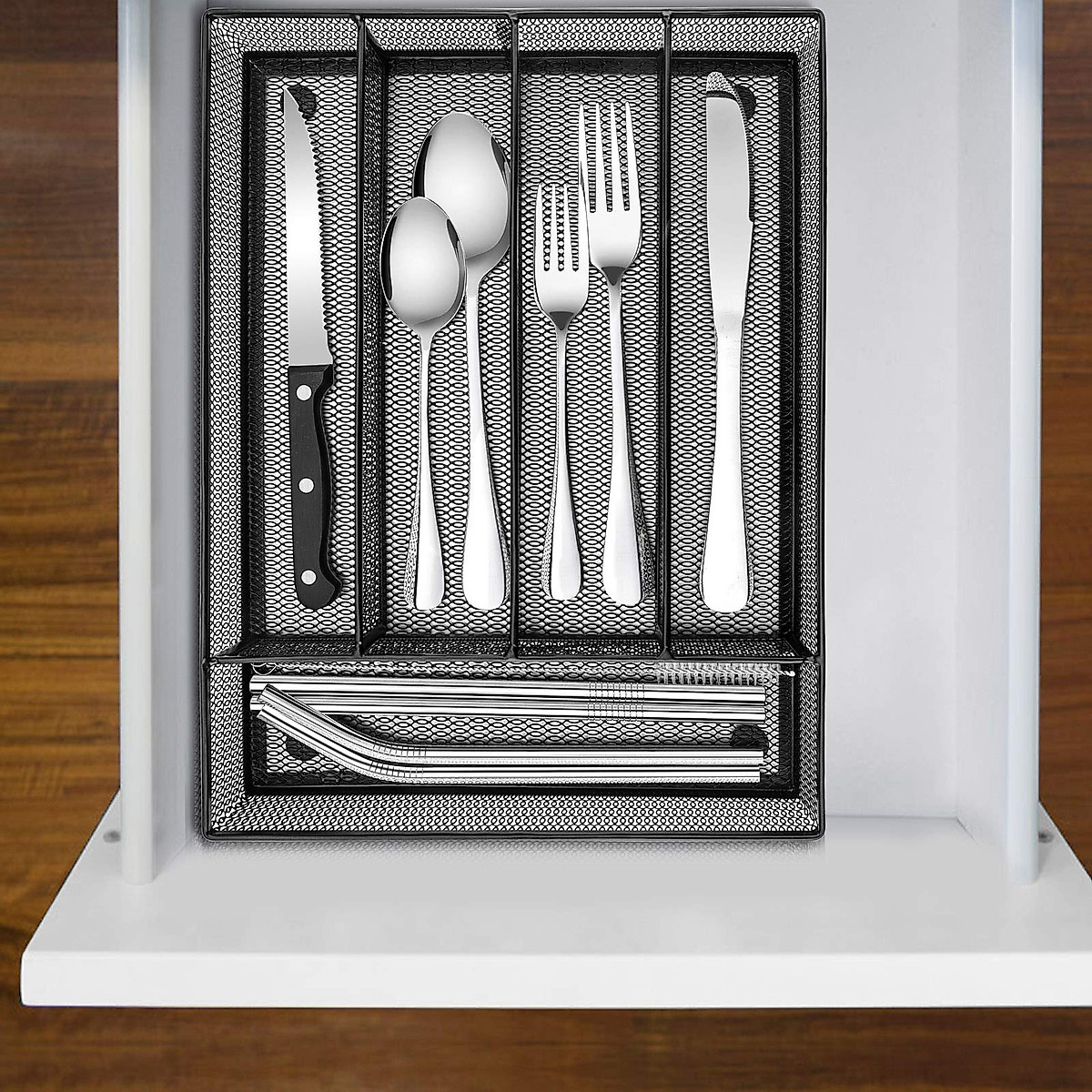 E-far 31-Piece Silverware Set, Stainless Steel Flatware Cutlery Set Service for 4 with Mesh Utensil Drawer Organizer, Include Forks/Spoons/Knives/Steak Knives/Straws, Mirror Polish & Dishwasher Safe